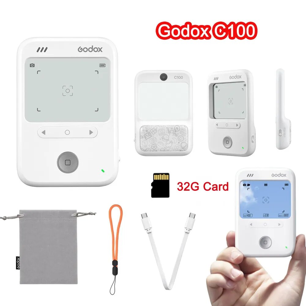 Камера Godox C100 с прозрачным корпусом и картой памяти TF на 32 ГБ; поддерживает автоматический замер экспозиции; легкая (65 г) и портативная модель, комплектуется ремешком и чехлом для хранения.