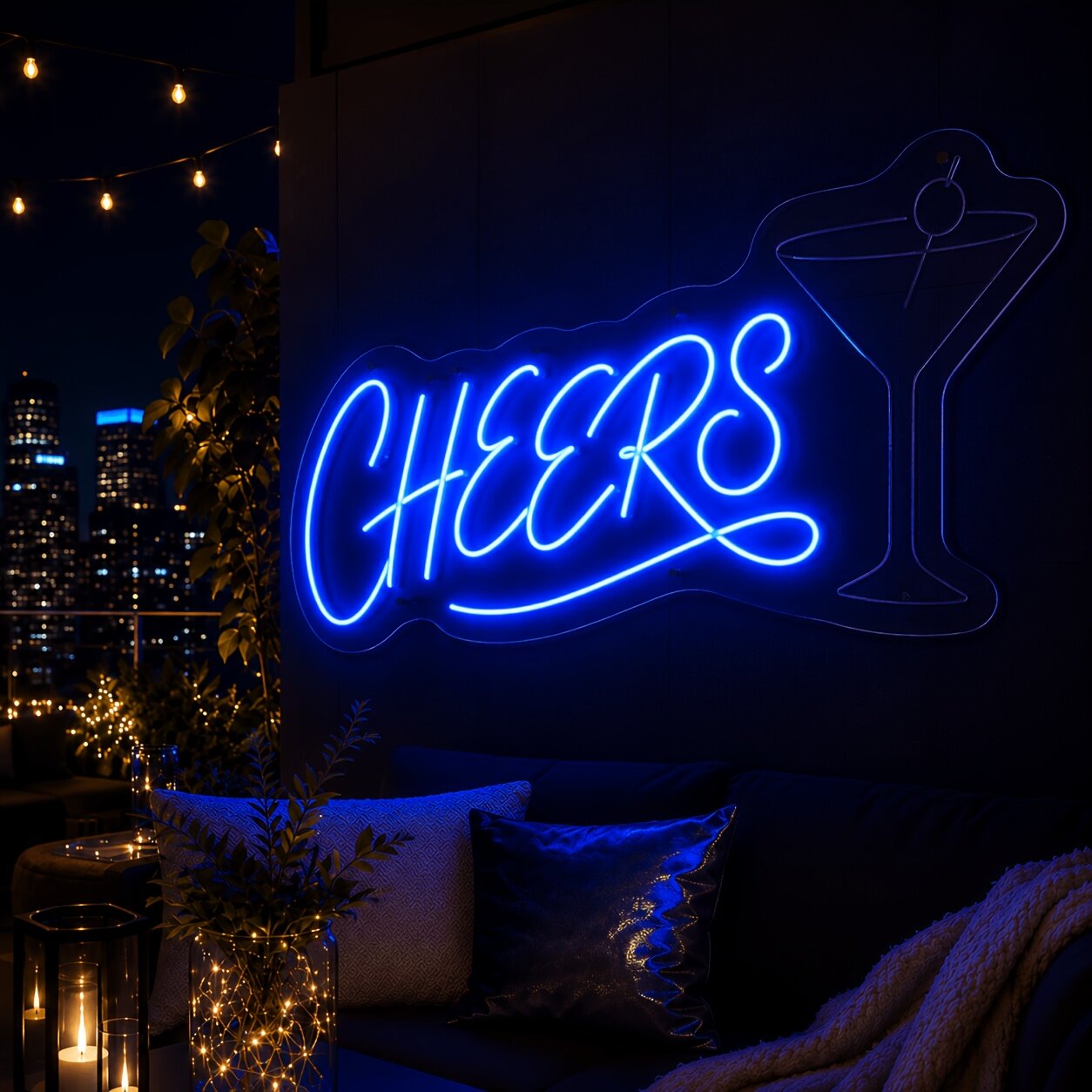 Неоновая настенная подсветка в форме бокала для мартини с надписью CHEERS, синий цвет, 10 дюймов, питание от USB, акриловая панель