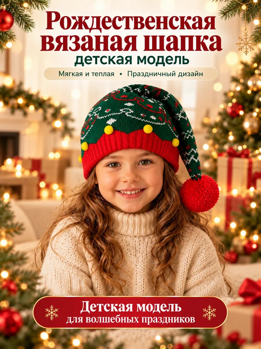 Новогодняя вязаная шапка с помпоном, детская, обхват 46–52 см