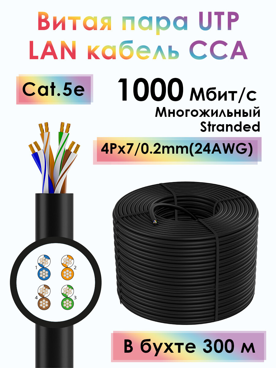 Кабель витая пара для изготовления патч-кордов в бухте 300 м UTP LAN кат.5e CCA многожильный