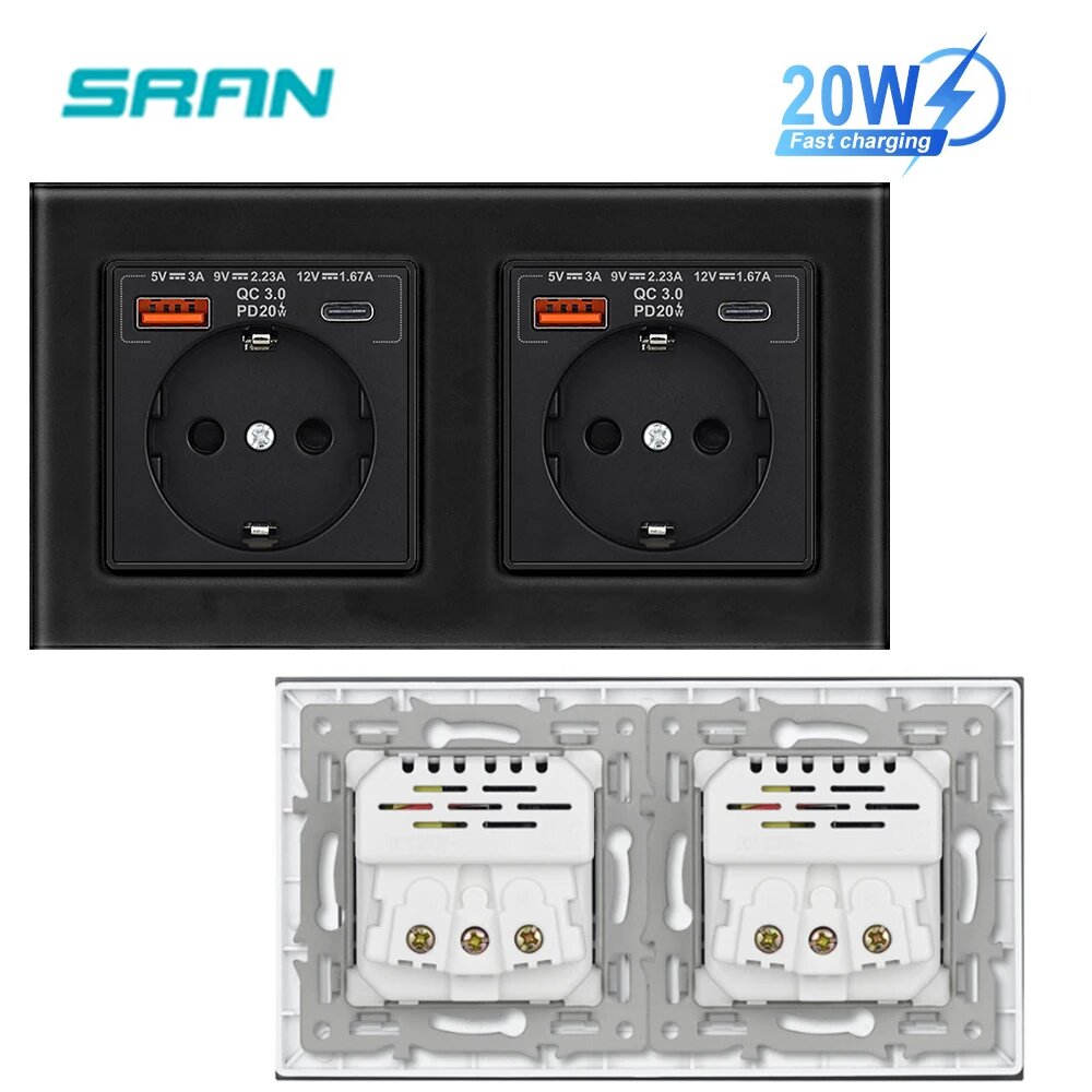 Розетка SRAN EU с USB Type-C 20W Black 2EU 2AC
