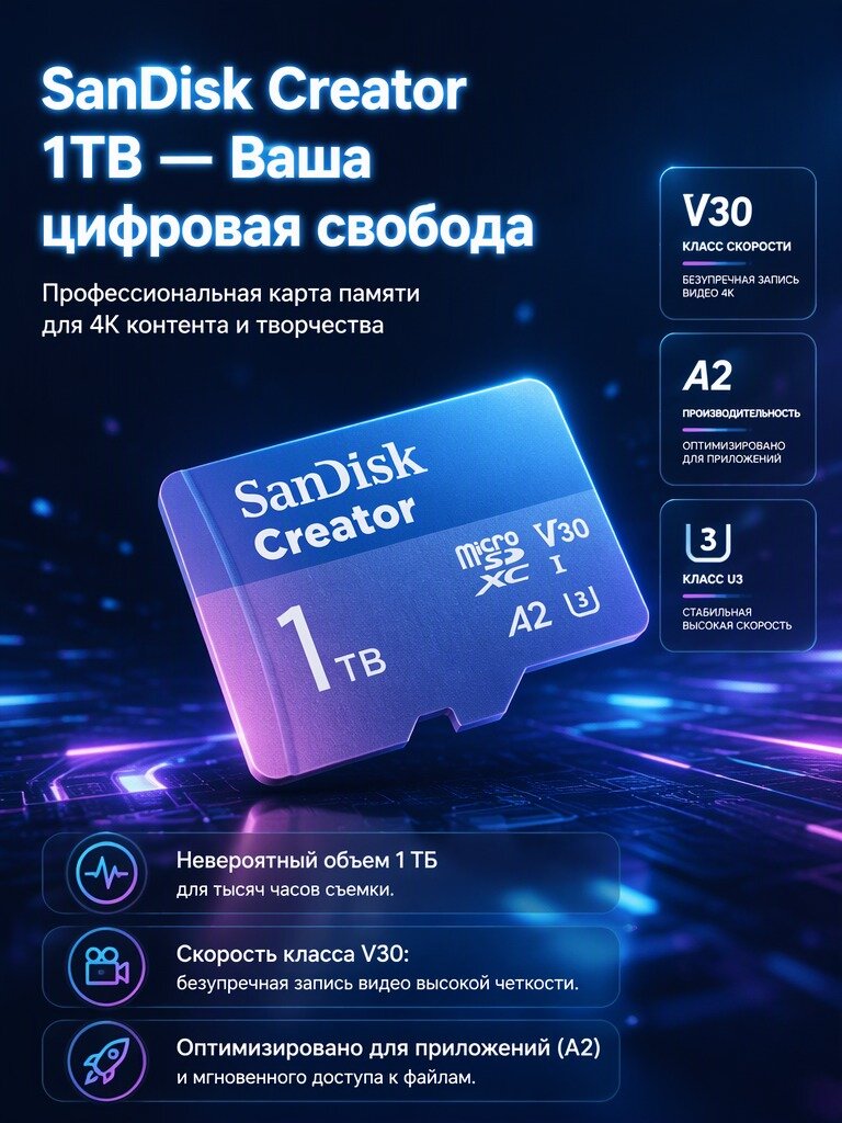 Карта San-Disk Creator 1ТБ microSD, чт 190МБ/с, зап 130МБ/с, V30 A2, большой объем для дронов и камер