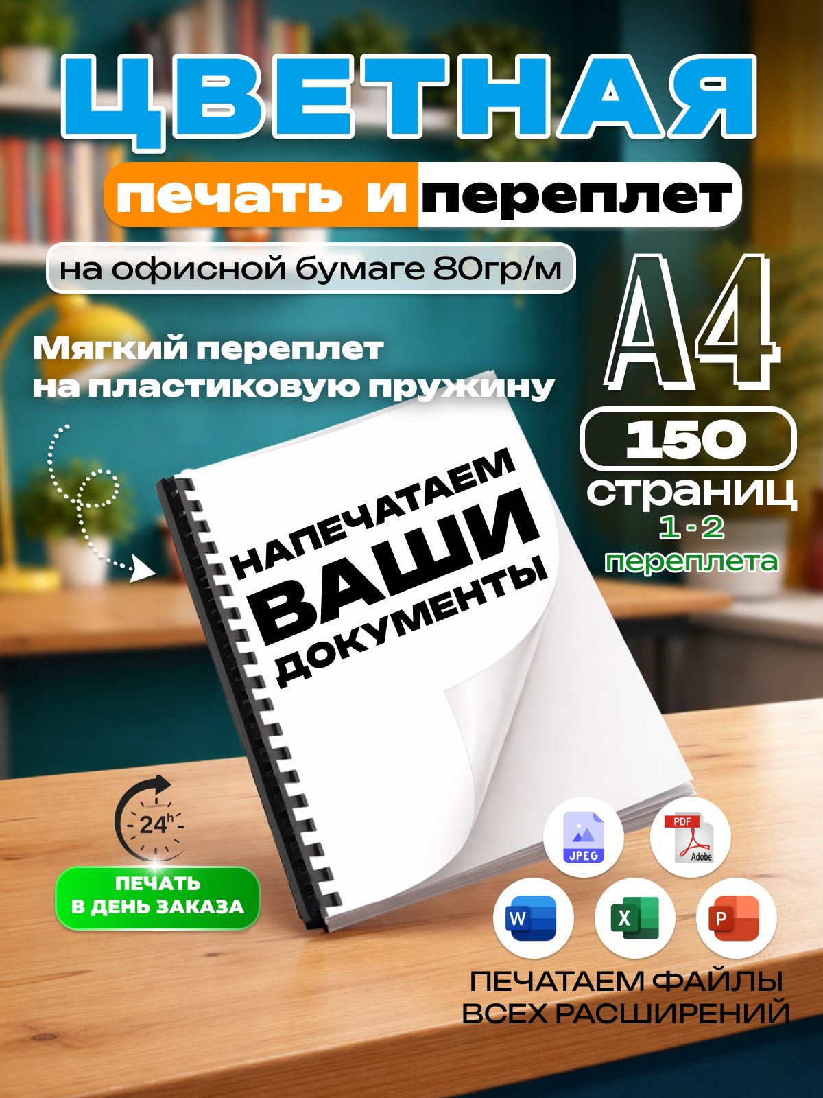 Цветная печать документов А4 с пластиковым переплетом 150л