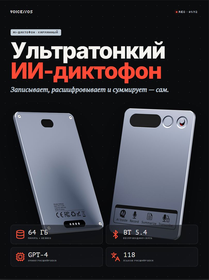 AI диктофон VOICE//OS с расшифровкой речи в текст и AI-суммаризацией, 64 ГБ