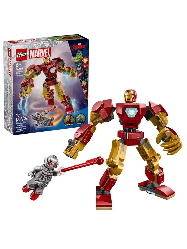 Фигурка LEGO Marvel #76307 Iron Man Series Action Figures Mech vs. Ultron - 4.7 Inches (Включает 2 минифигурки, Подвижный экзоскелет, Шлем открывается)