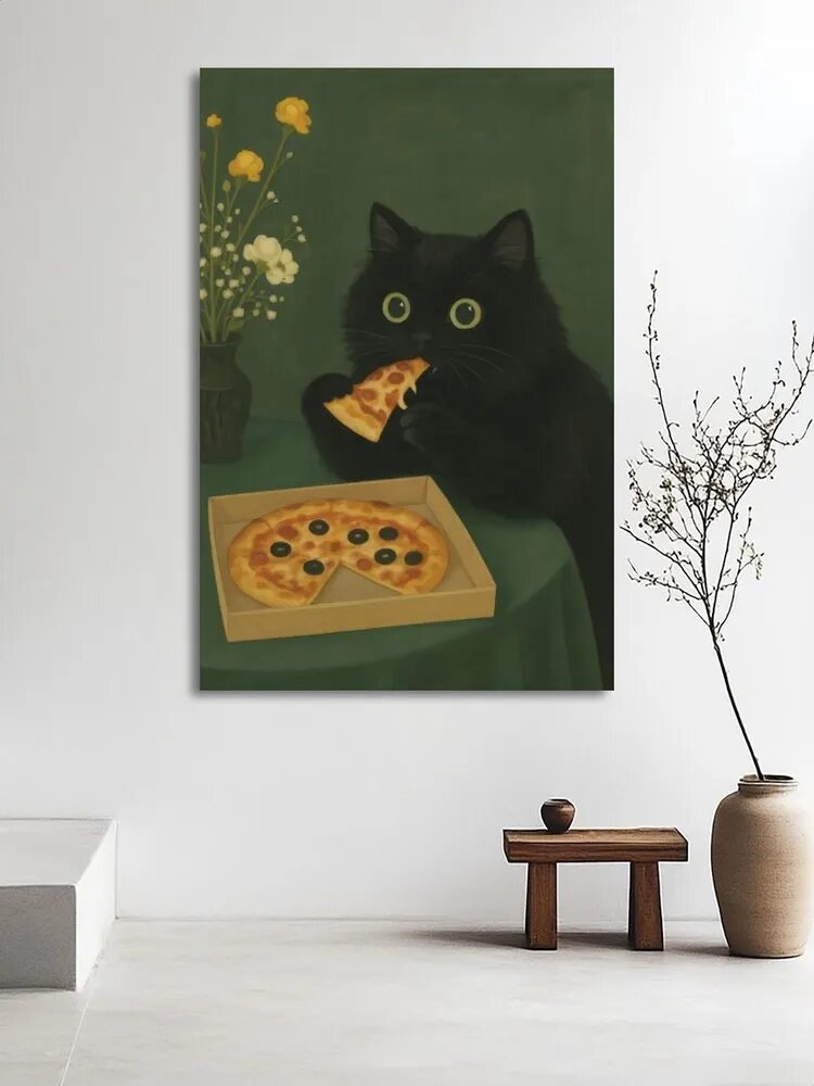 Картина "Холстная картина с черным котом, едящим пиццу, 40 * 60cm" 40x60 см
