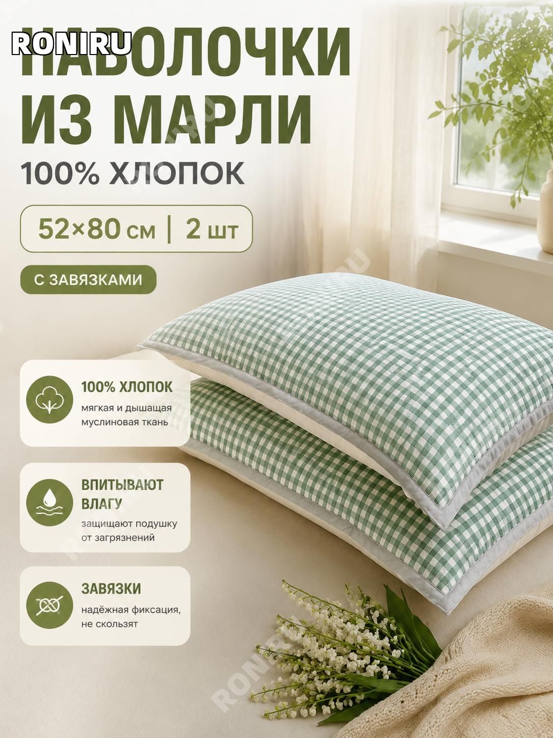 RONIRU Наволочка 12 шт, зеленый принцесса
