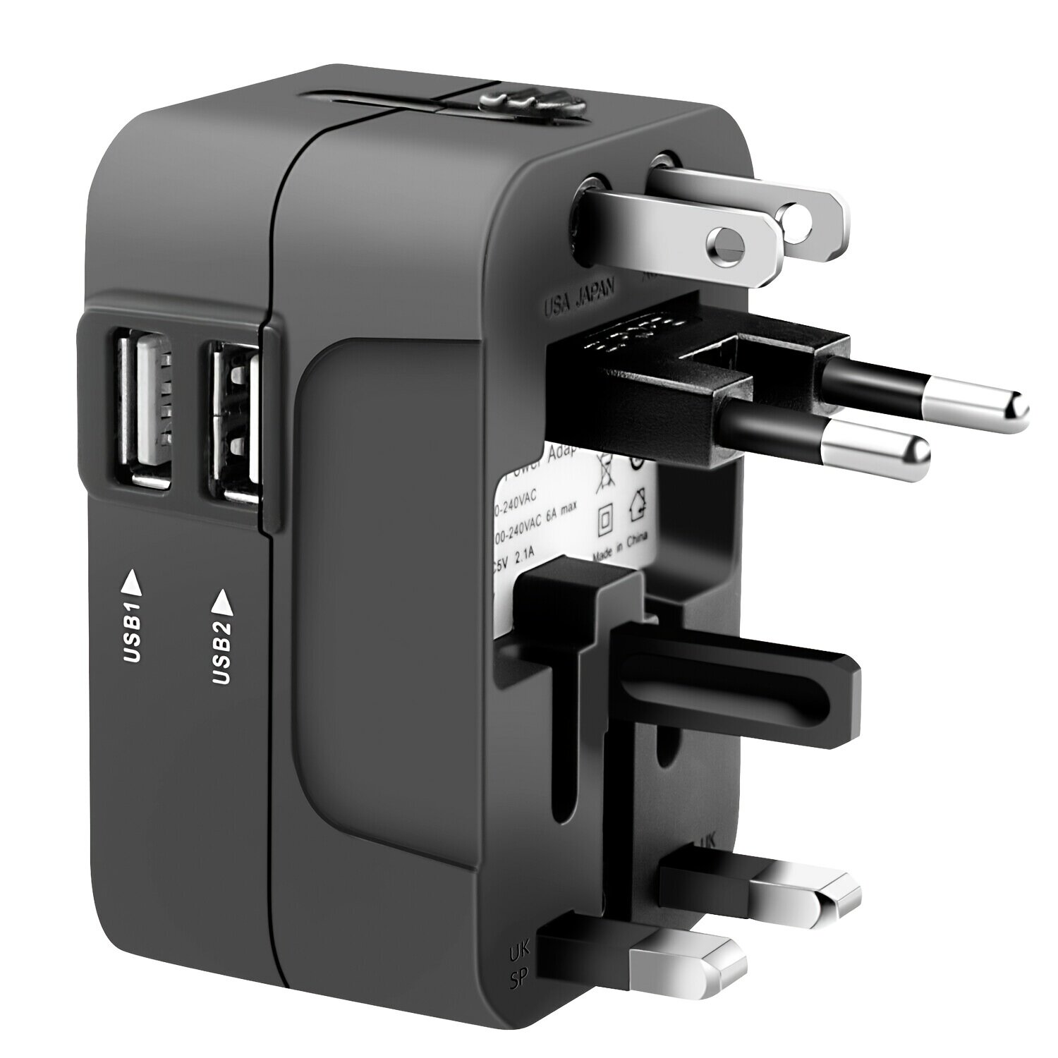 Универсальный дорожный адаптер для розеток с 2 USB-портами AU/UK/EU, черный, 1 шт.