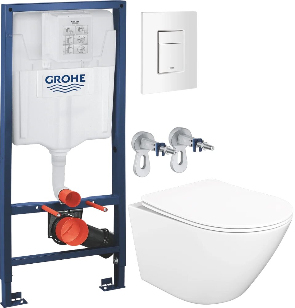 Инсталляция с унитазом комплект 4 в 1: Инсталляция Grohe Rapid SL 38772SH0 / Унитаз подвесной STWORKI Левангер S07401WH / Кнопка белая, Комплект креплений