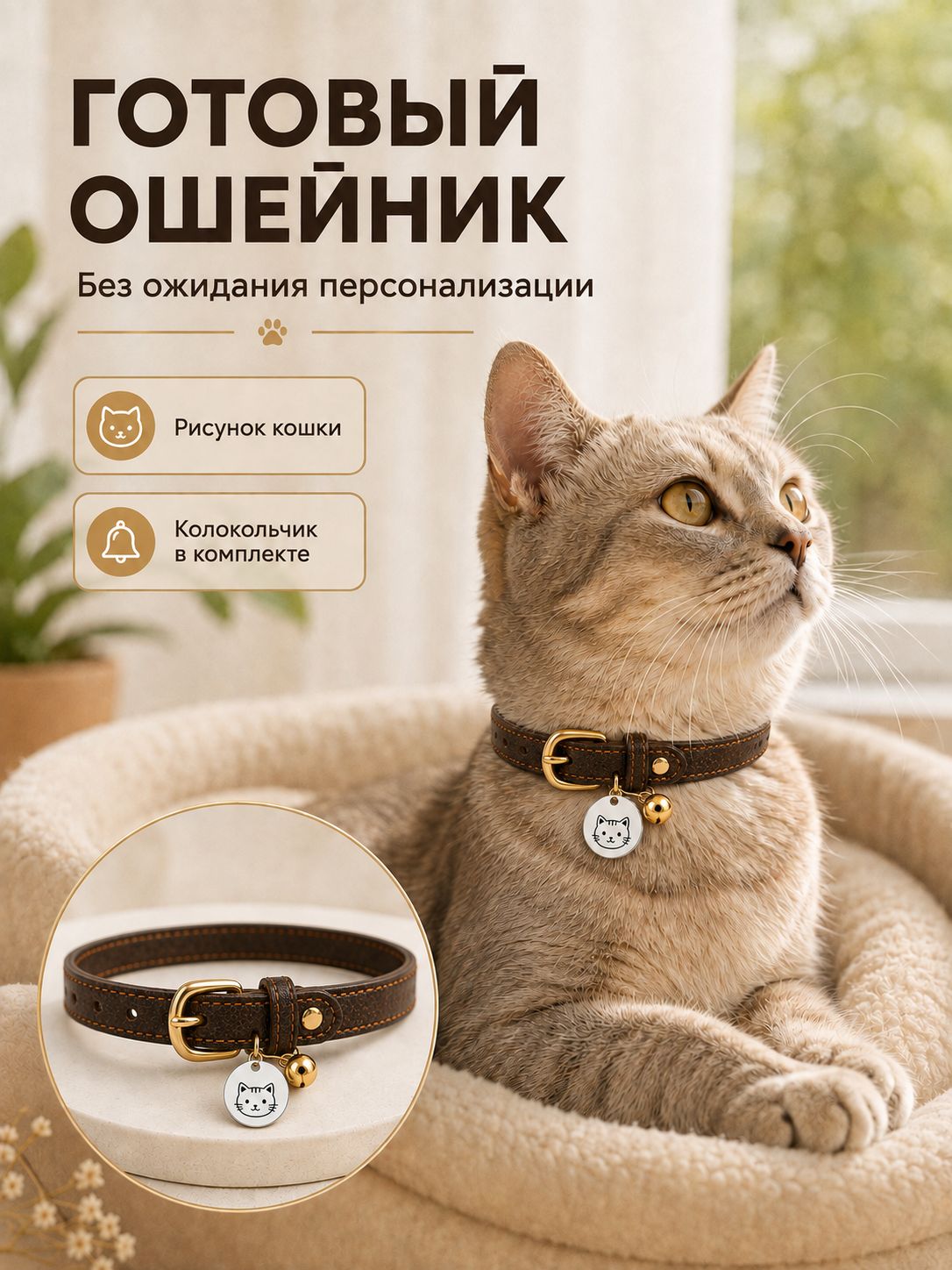 Кожаный ошейник для кошек с адресником и колокольчиком, без гравировки