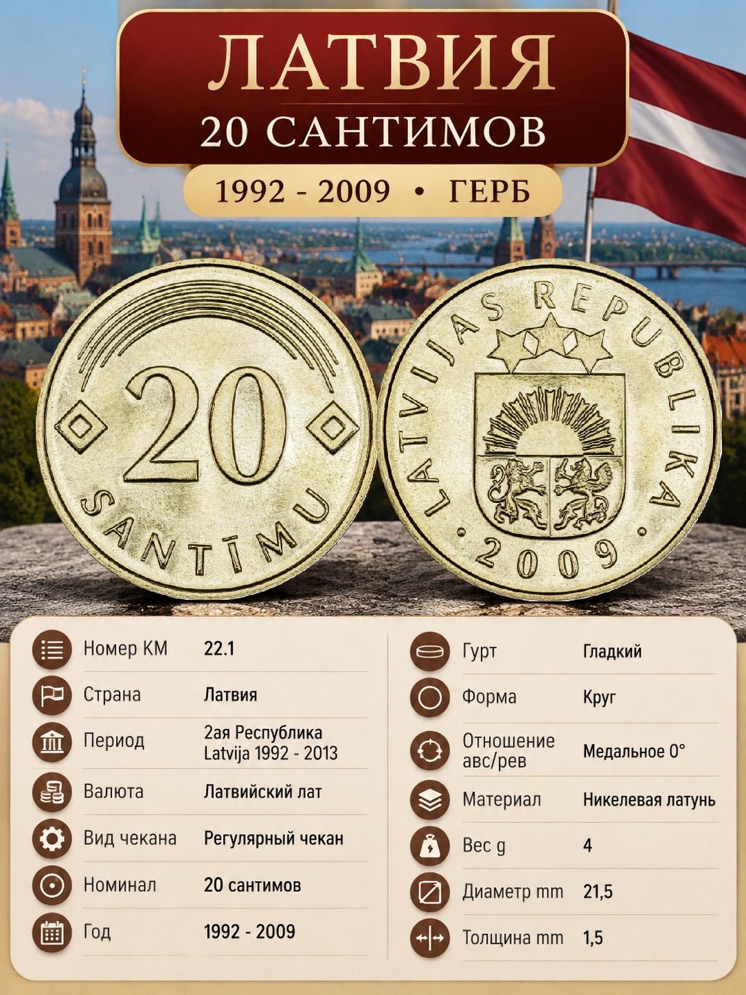 Латвия 20 сантимов, 2009 Герб XF