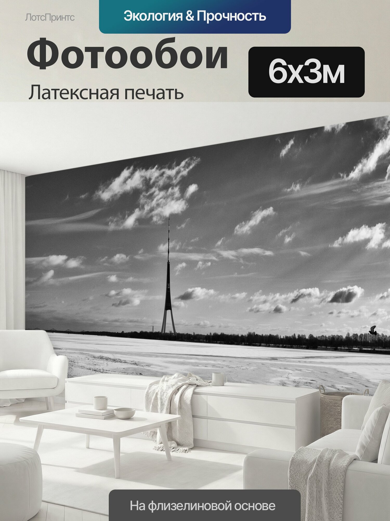 Фотообои моющиеся ударопрочные "Телебашня Телебашня в Риге riga latvia tv tower cold snow river bw black white mood post card" 600x300 см. латексная печать
