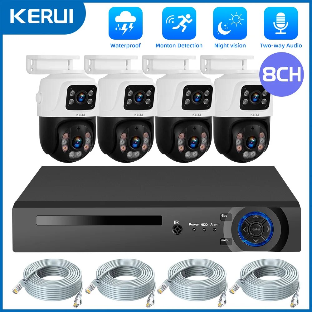 Система наблюдения KERUI с водонепроницаемой HD-камерой 6MP, двойным объективом, PTZ, Wi-Fi, IP-камерой для домашней безопасности, 4-канальным и 8-канальным POE NVR, видеоформатами H.265, набором кктв