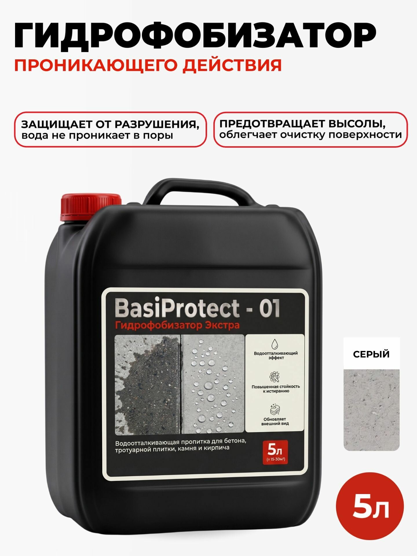 BasiProtect-01 - гидрофобизатор экстра проникающего действия, серый (5л)