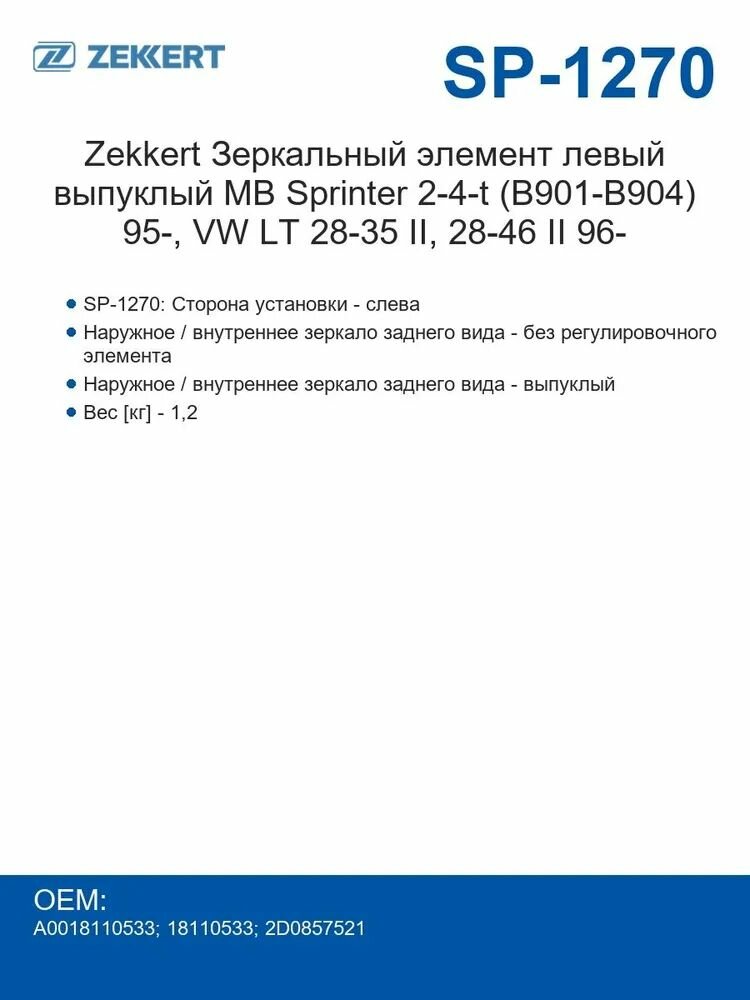 Zekkert Зеркальный элемент левый выпуклый MB Sprinter 2-4-t (B901-B904) 95-, VW LT 28-35 II, 28-46 II 96-