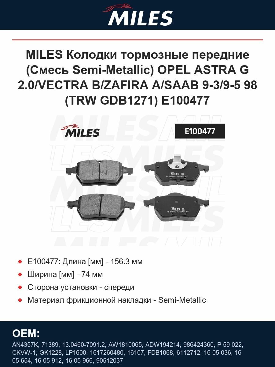MILES Колодки тормозные передние (Смесь Semi-Metallic) OPEL ASTRA G 2.0/VECTRA B/ZAFIRA A/SAAB 9-3/9-5 98 (TRW GDB1271) E100477