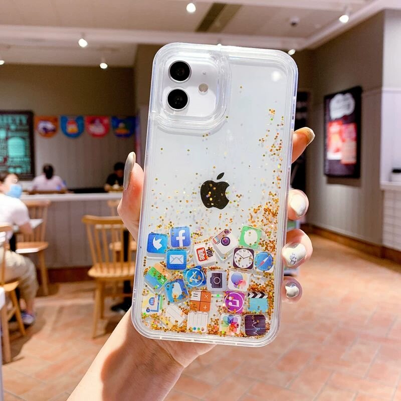 Чехол для iPhone 17 Pro Max с подвижными иконками приложений и движущимися блестками в кварцевом песке