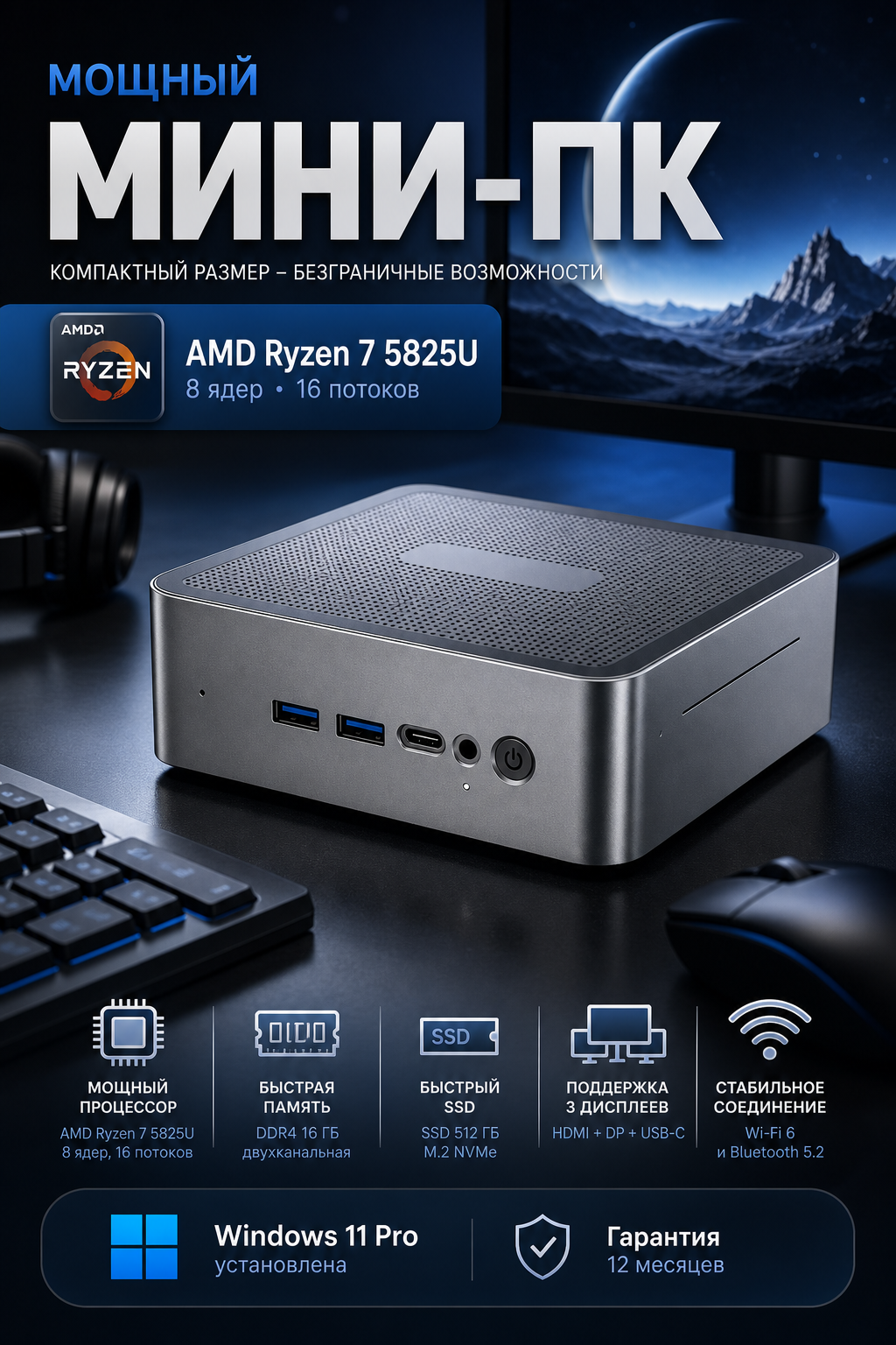 Мини-ПК AMD Ryzen 7 5825U, 16 ГБ, SSD 512 ГБ, Radeon Vega 8, Windows 11 Pro, поддержка 3 мониторов