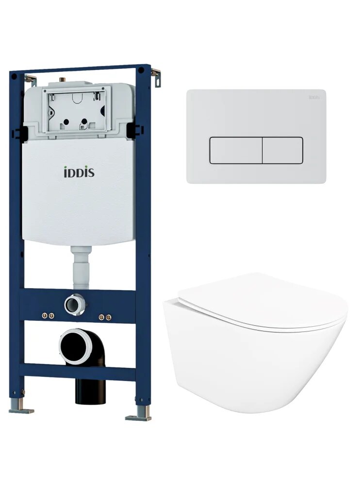 Комплект 4 в 1: Инсталляция IDDIS Профикс (Profix) PRO0000i32 / Унитаз подвесной STWORKI Левангер S07401WH безободковый, с микролифтом / Кнопка Юнификс (Unifix) UNI10W0i77, Комплект креплений