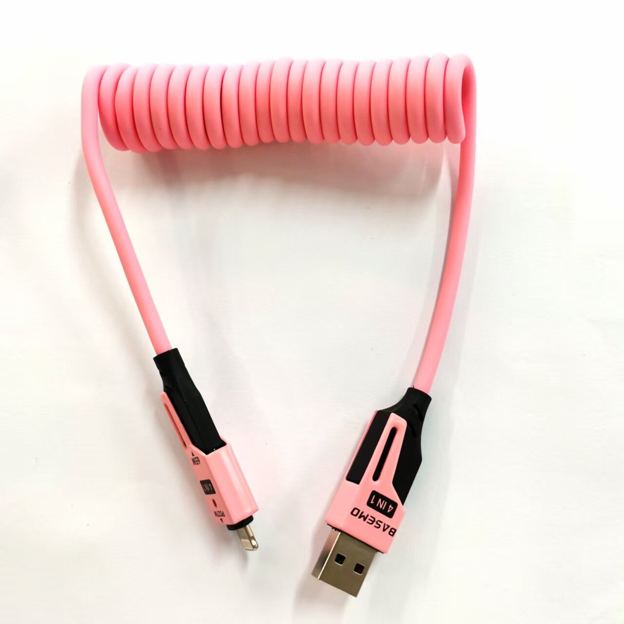 4-в-1 телескопический автомобильный зарядный кабель с двумя USB-портами для iPhone, Huawei, Xiaomi - Розовый цвет