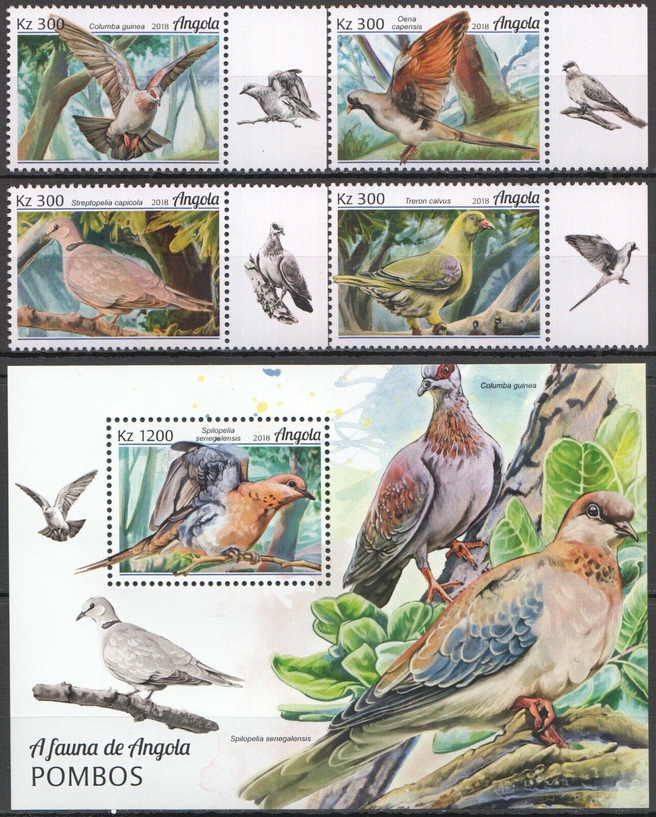 Марки 2018 год Ангола Голуби Птицы Фауна #1996-1999+Bl165 Mnh