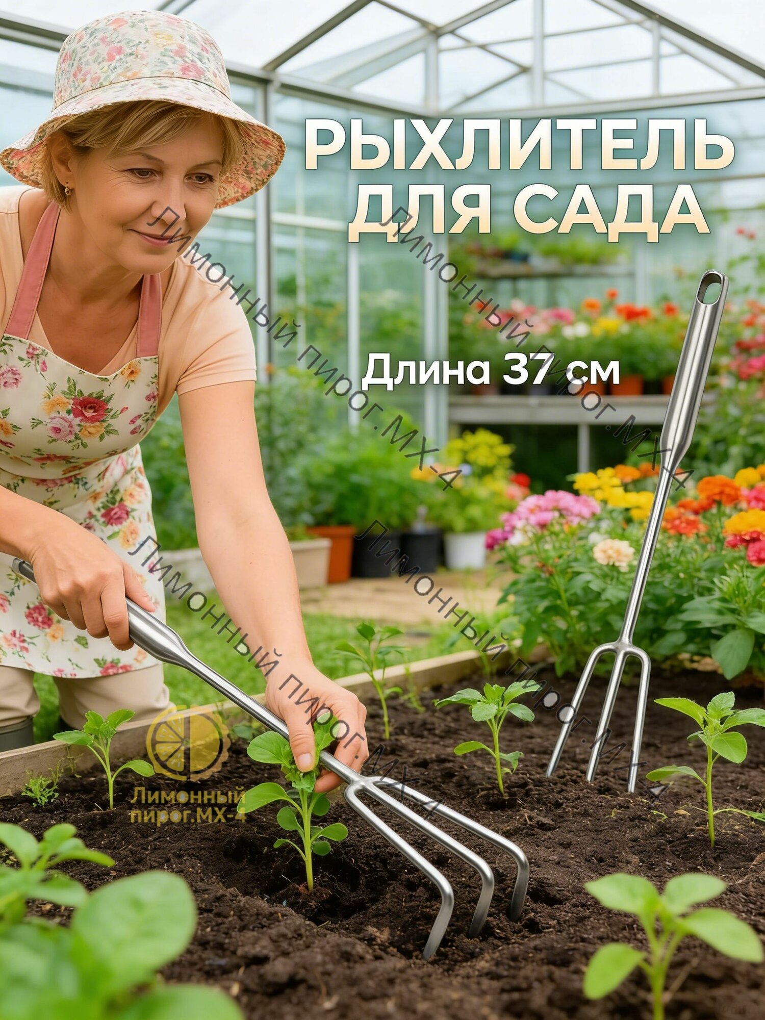 Рыхлитель полольник садовый ручной 3 зуба, нержавеющая сталь 37 см.