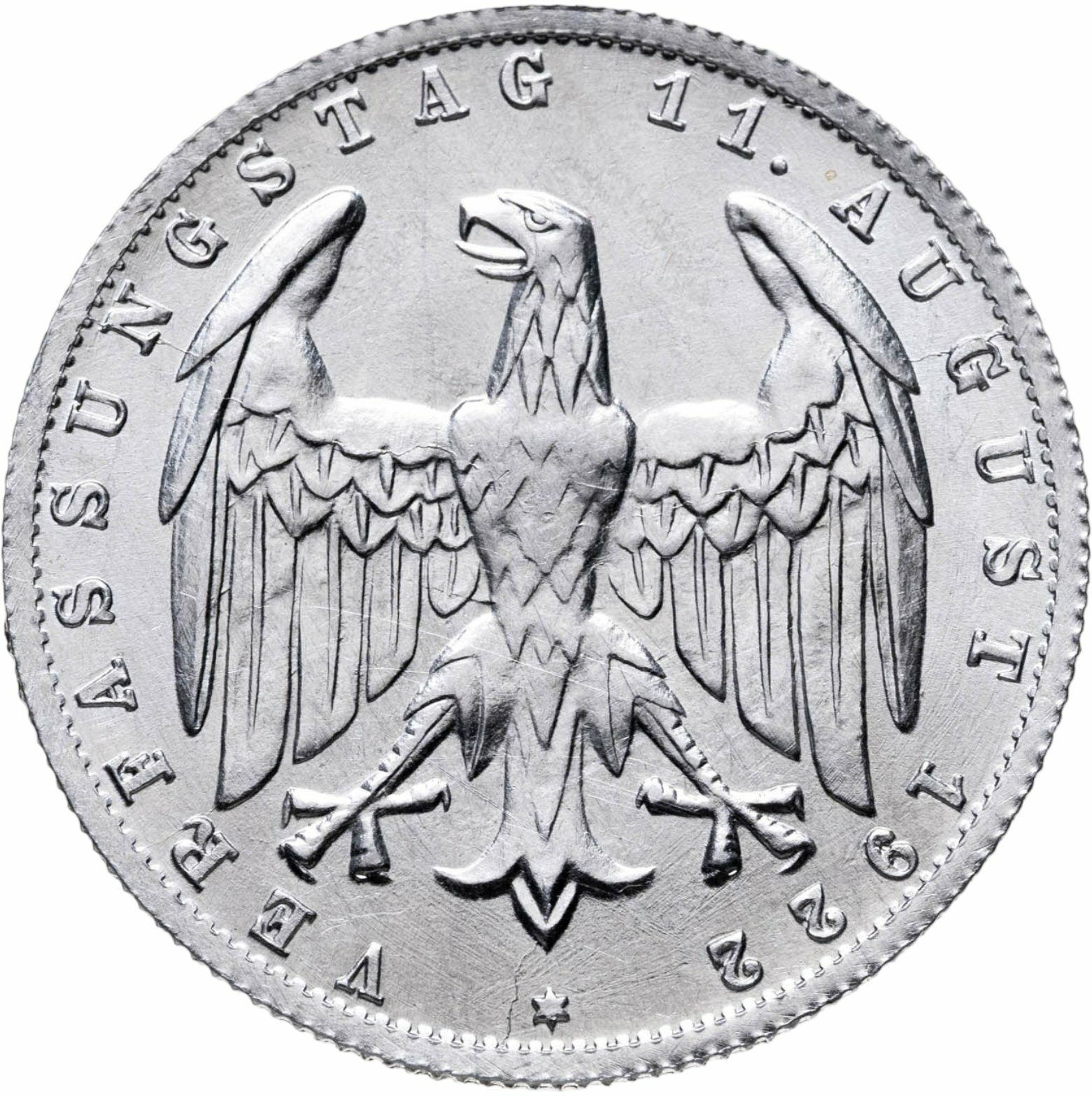 Германия 3 марки mark 1922 "3-я годовщина Веймарской конституции", Алюминий, в сохранности AU-UNC