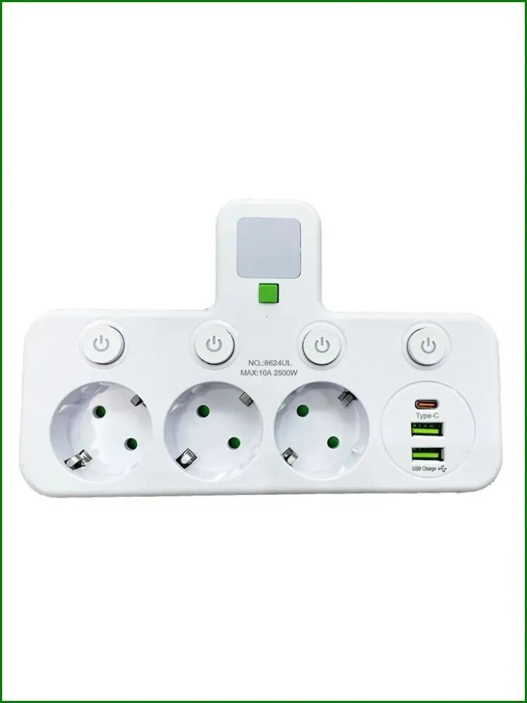 Розетка 220В, 3 EURO + 2 USB + TYPE-C + ночник, 2500W, Белая — фото 1