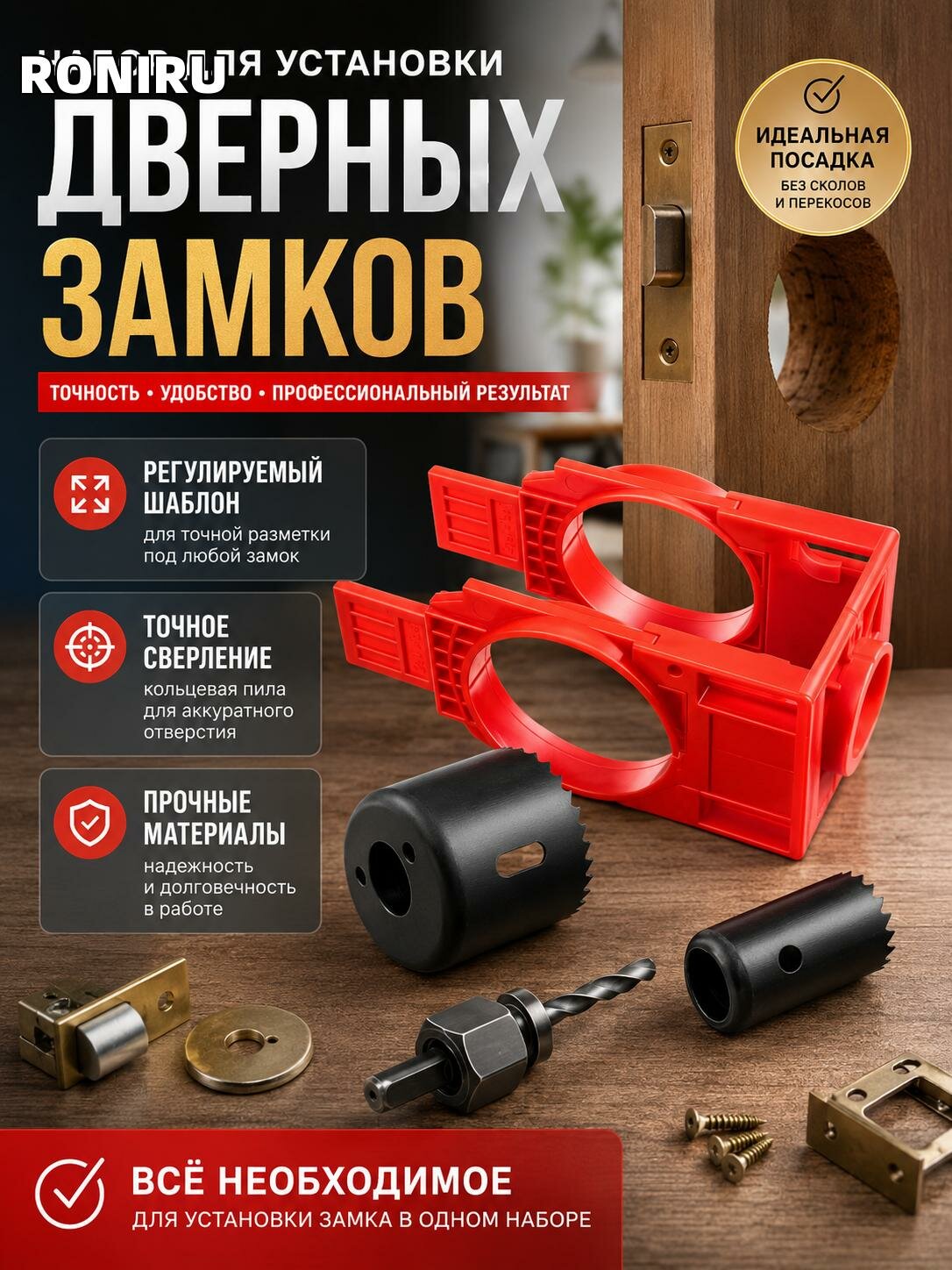 Набор для установки дверных замков с регулируемым шаблоном и кольцевой пилой для точной посадки в деревянные двери