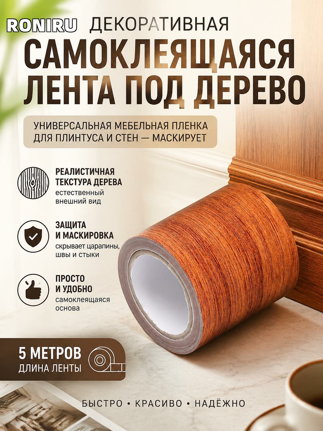 Декоративная самоклеящаяся лента под дерево 5 м, универсальная мебельная пленка для плинтуса и стен — маскирует