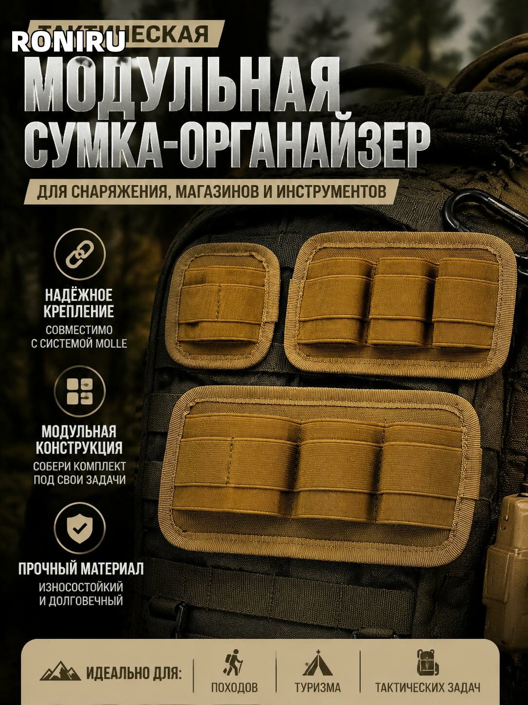 Тактическая модульная сумка-органайзер для снаряжения с петлями, подсумок для журналов и инструментов, для походов