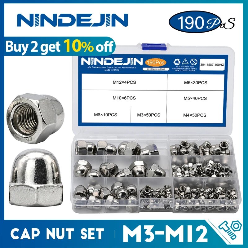 NINDEJIN 190 шт. комплект гаек для желудей M3 M4 M5 M6 M8 M10 M12 Нержавеющая сталь с шестигранной купольной гайкой Набор слепых гаек Ассортимент комплект