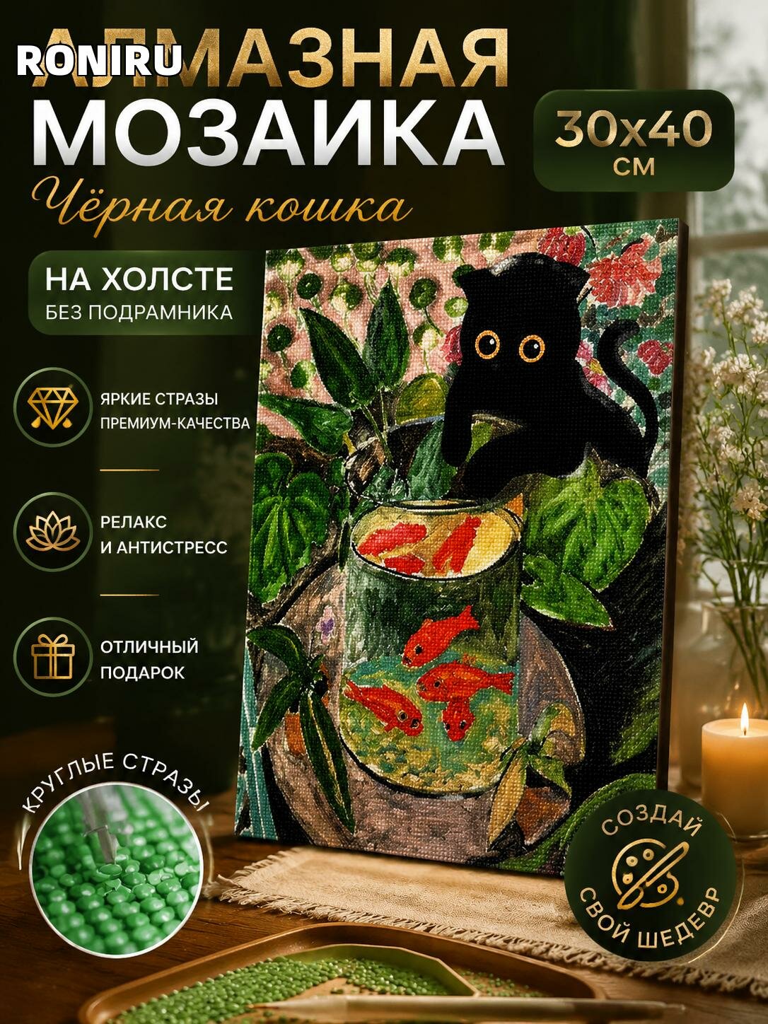 Алмазная мозаика Чёрная кошка 30x40 см на холсте — набор для релакса и декора интерьера, подарок рукодельнице