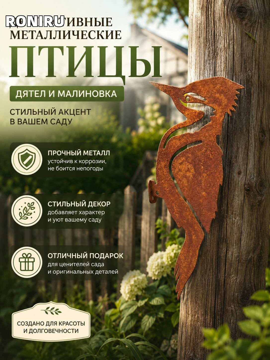 Декоративные металлические фигуры птиц для садовой ограды — дятел и малиновка, стильный акцент в ландшафтном декоре