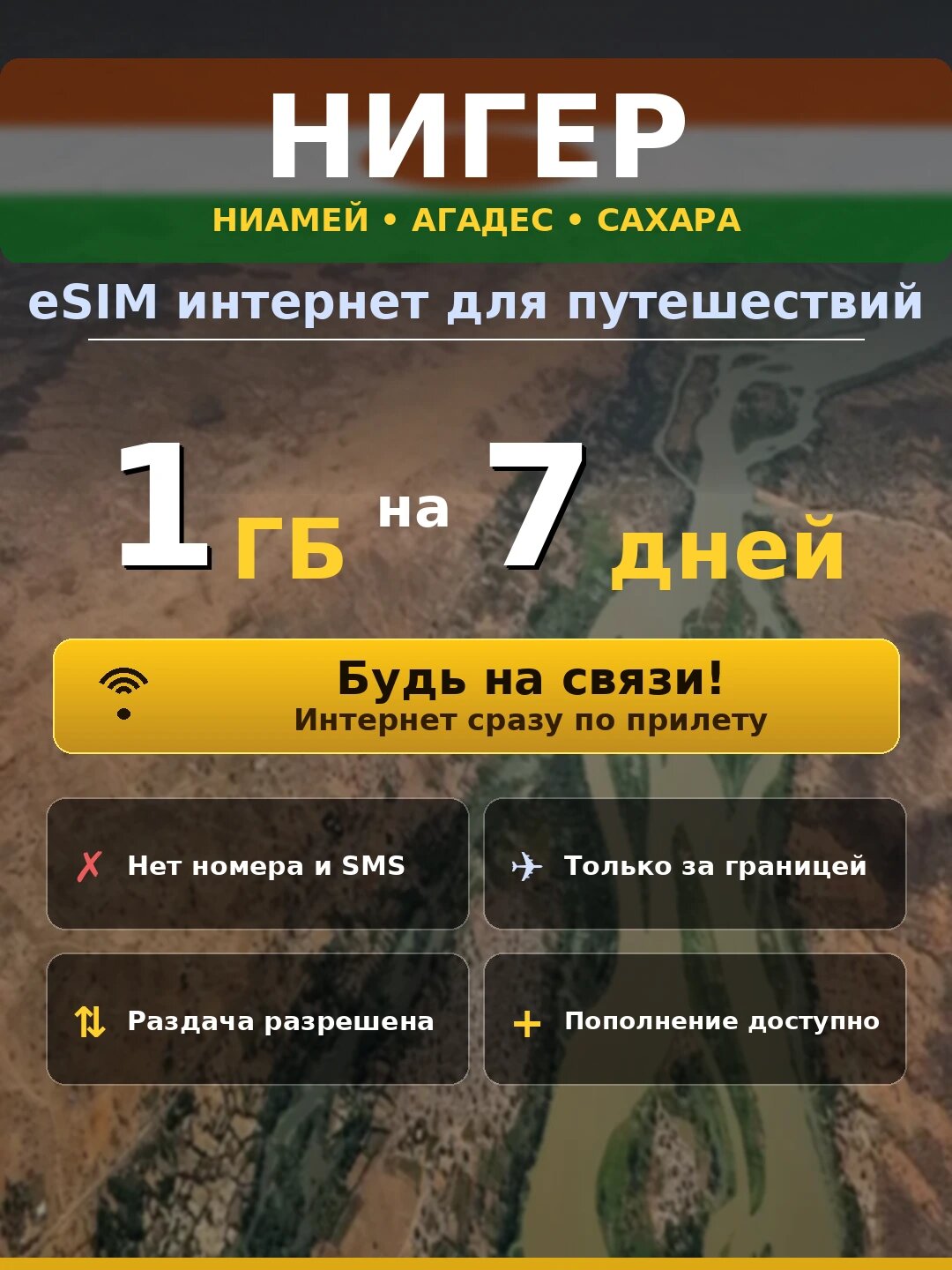 ESIM Нигер — мобильный интернет 1 ГБ на 7 дней | виртуальная SIM-карта для путешествий