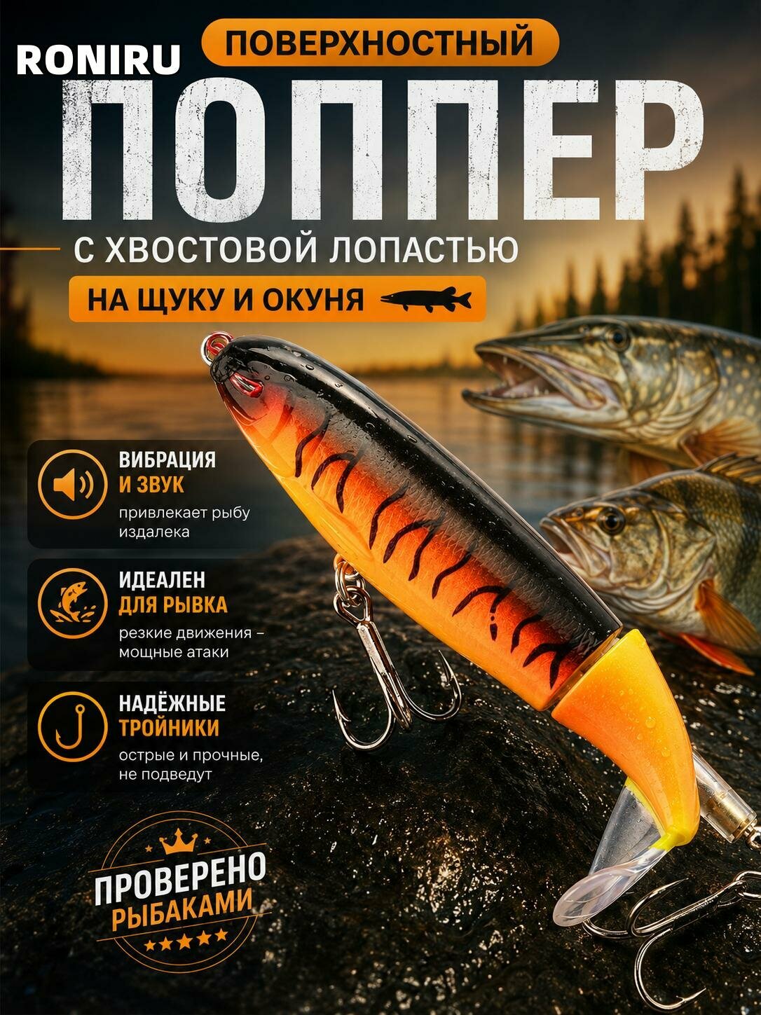 Поппер с хвостовой лопастью для спиннинга — поверхностная приманка на щуку и окуня с вибрацией и звуком, для рывка