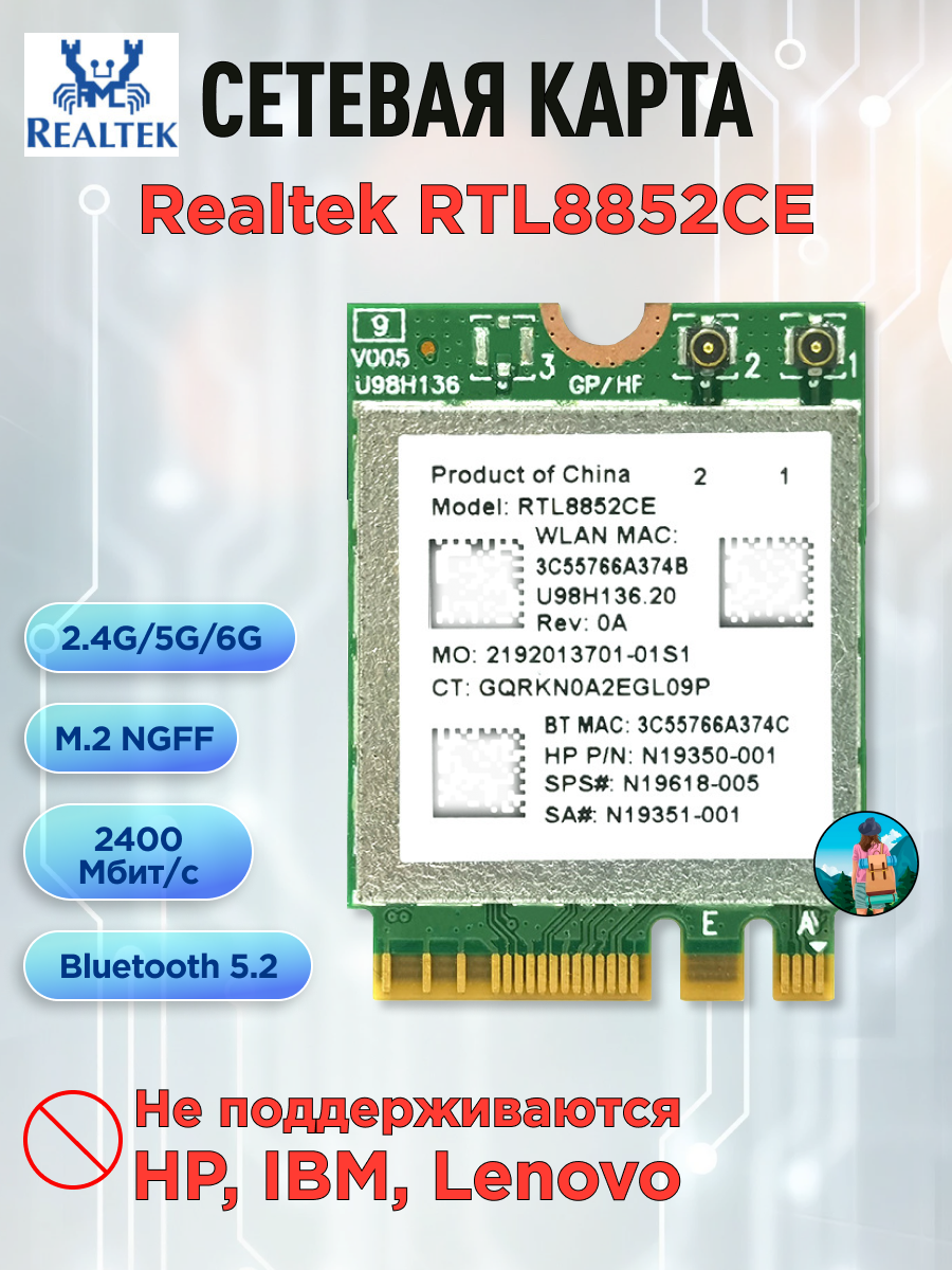Трехдиапазонная сетевая карта Realtek RTL8852CE WIFI 6E, 5G, Bluetooth 5.2