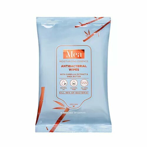 MEA Салфетки влажные антибактериальные с экстрактом камелии и маслом ши Moisturizing Essence, 15 шт.