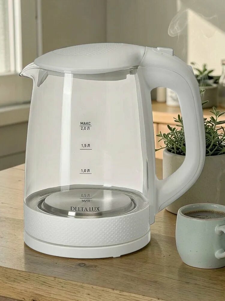 Чайник электрический Delta Lux DL-1058W, 2 л, 2200 Вт, стеклянный, белый