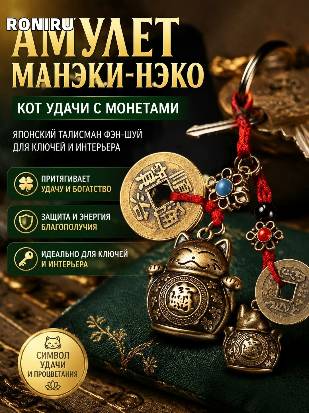 Амулет Манэки-нэко брелок — кот удачи с монетами, стильный японский талисман фэн-шуй для ключей и интерьерный оберег