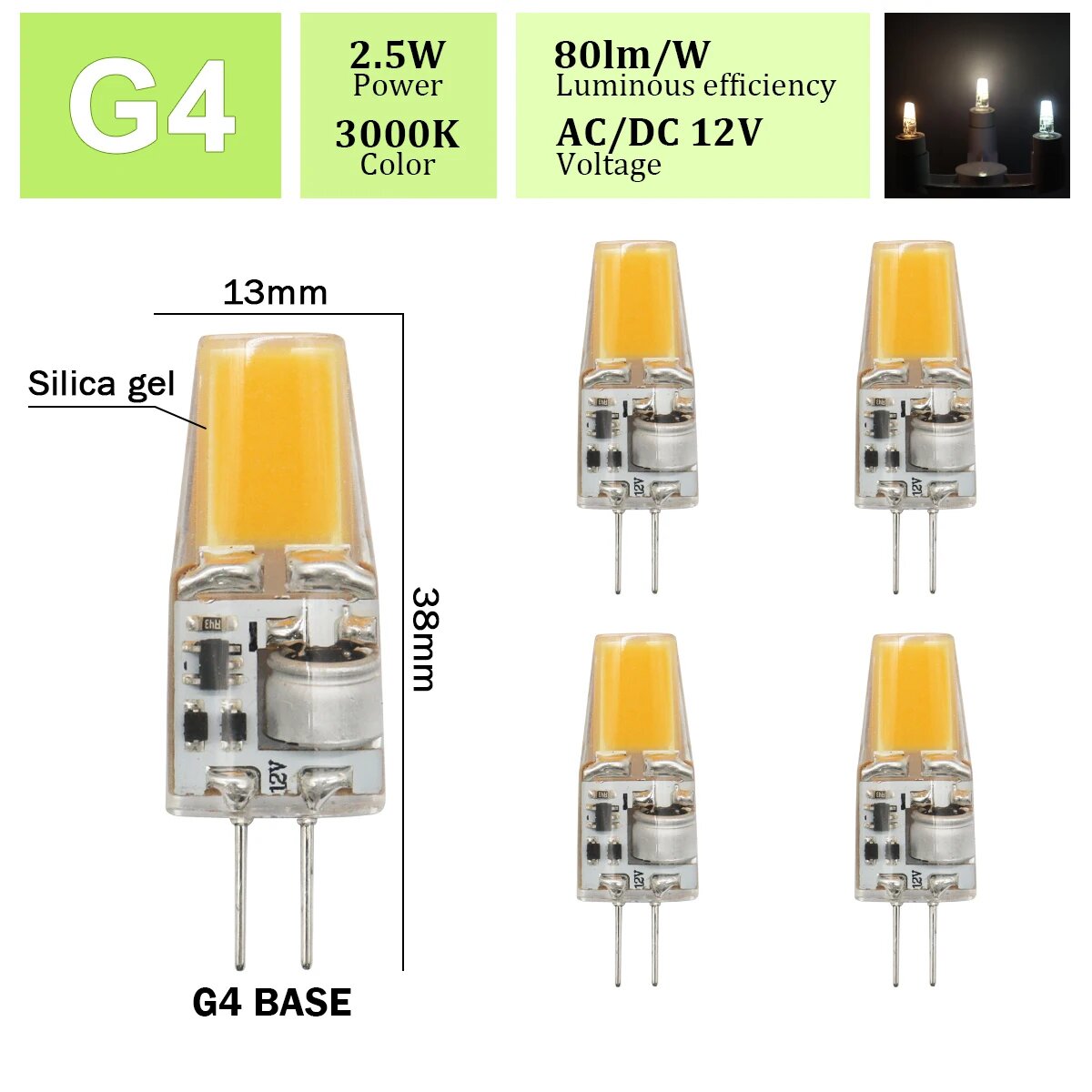 5 шт. светодиодных ламп Gatetop G4, 2Вт/3Вт, 12В/24В Желтый, 2.5W, Cold white 6000K