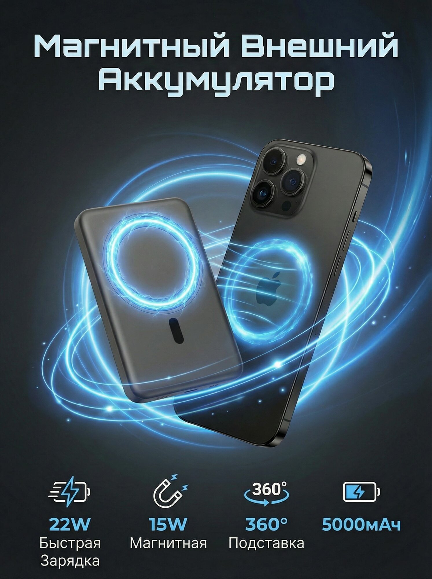 Магнитный внешний аккумулятор 10000 мАч, быстрая зарядка 20W, ультратонкий корпус 10 мм, металлический дизайн, USB-C + беспроводная зарядка