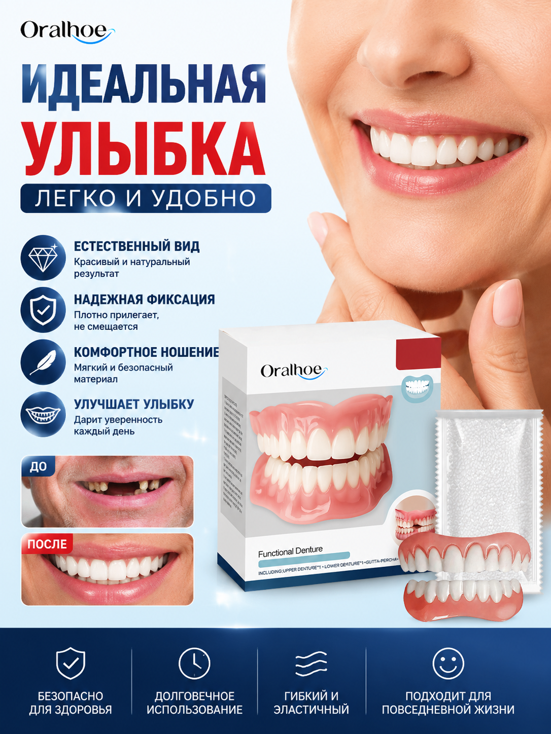Комплект для модификации зубных протезов Oralhoe улучшает красоту вашей улыбки, естественную посадку и удобный материал для украшения протезов.