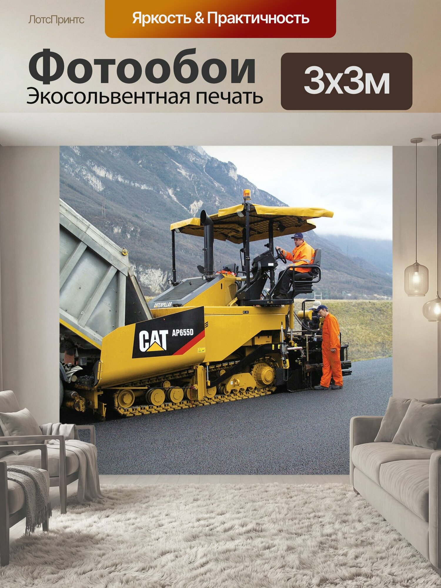 Фотообои "Асфальт, асфальтоукладчики, кот" 300x300 см. экосольвентная печать