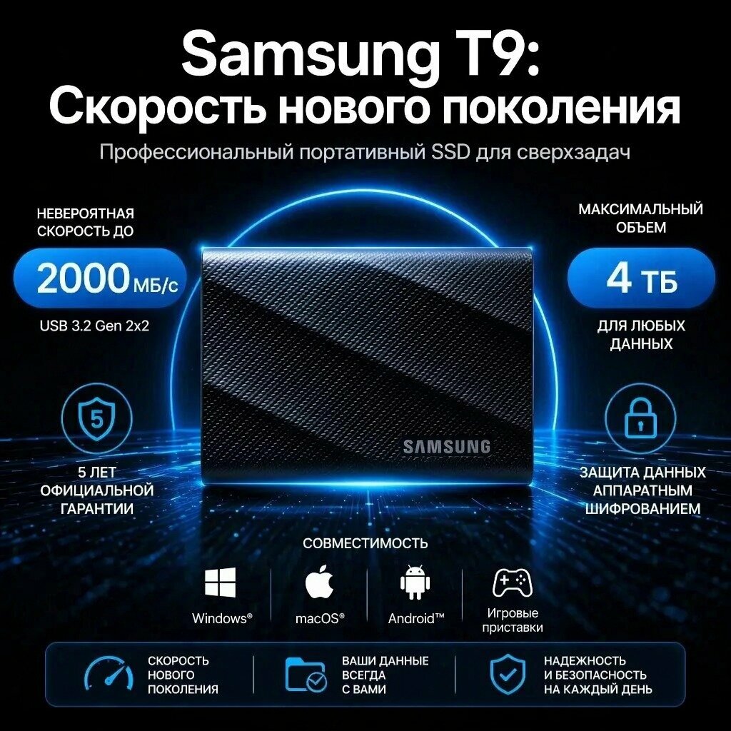 Портативный SSD Samsung T9 4TB USB 3.2 Gen2x2, скорость до 2000 МБ/с, защита от падений, аппаратное шифрование AES 256
