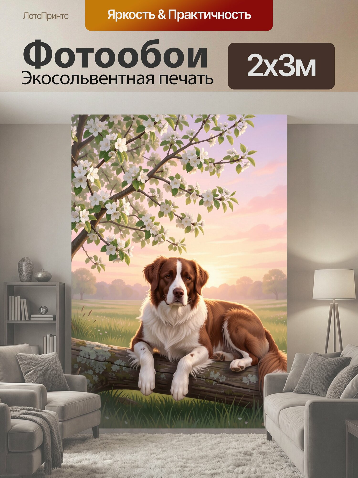 Фотообои "Собака под цветущим деревом. Рыже-белый пес лежит на бревне в весеннем саду среди яблоневых ветвей с белыми цветами. Нежная цифровая." 200x300 см. экосольвентная печать