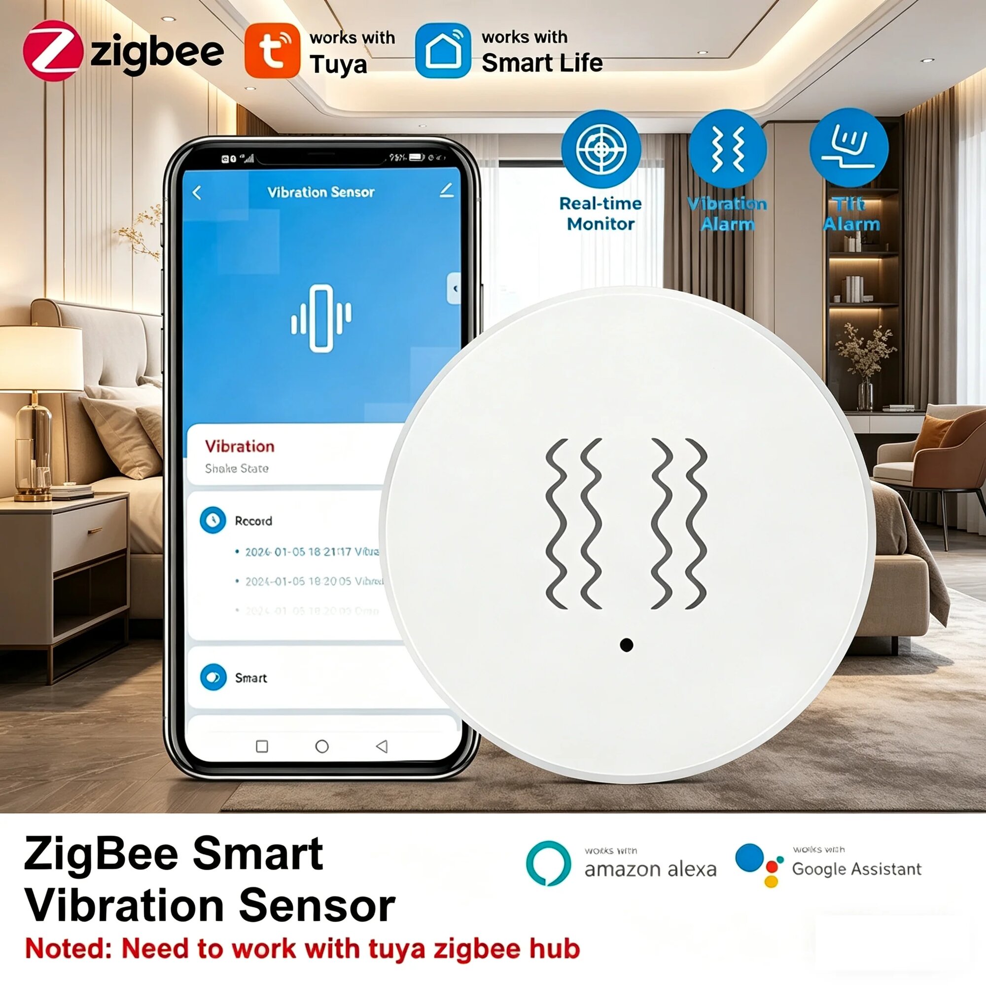 Датчик вибрации coolo Zigbee для дверей и окон