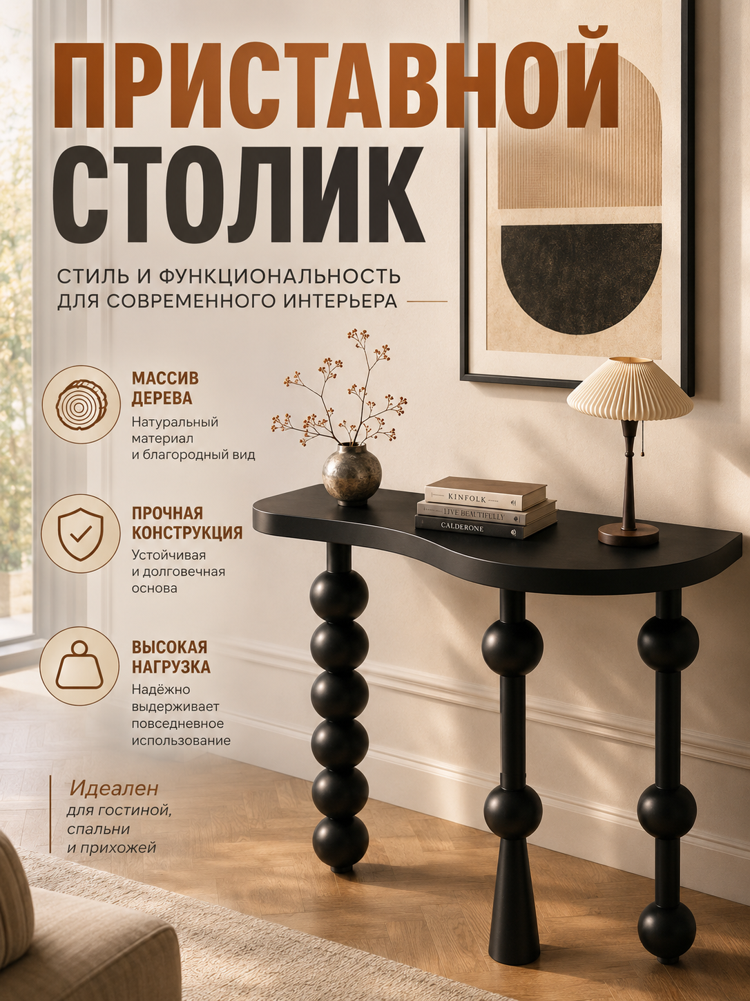 Приставной столик консоль черный массив дерева, прочная устойчивая конструкция для прихожей гостиной спальни