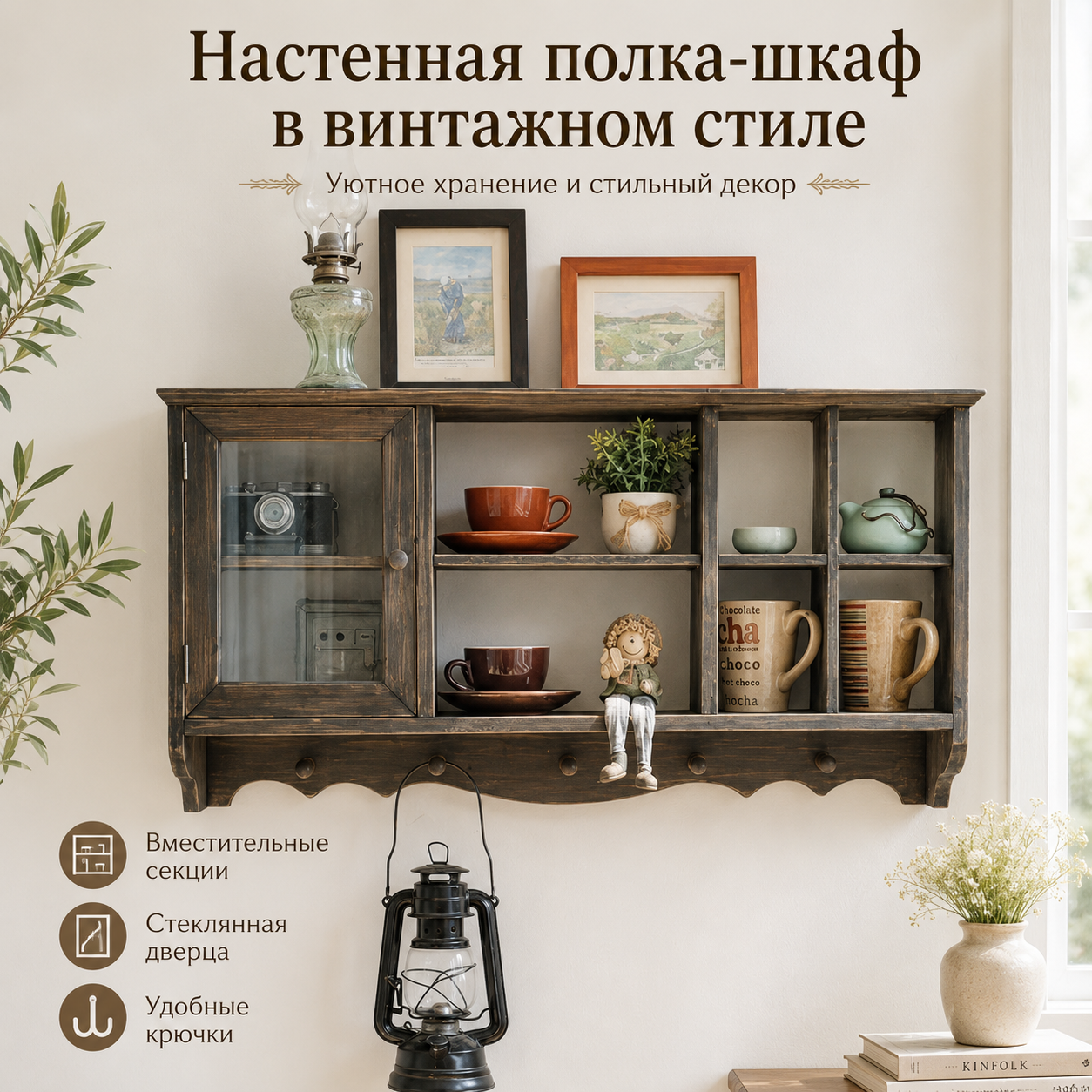 Шкаф навесной Витрина, для ваших коллекций, полка-в ретро стиле, декор в интерьер, 80х16х40 см