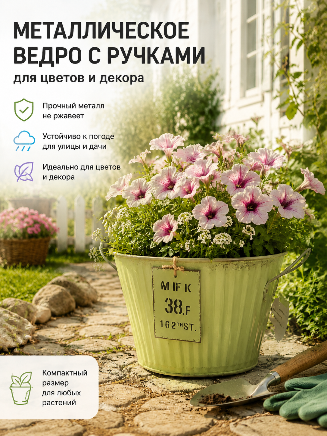 Подвесное или настольное металлическое кашпо, зелёный, с боковыми ручками, 32×26×18.5 см, для цветов и растений